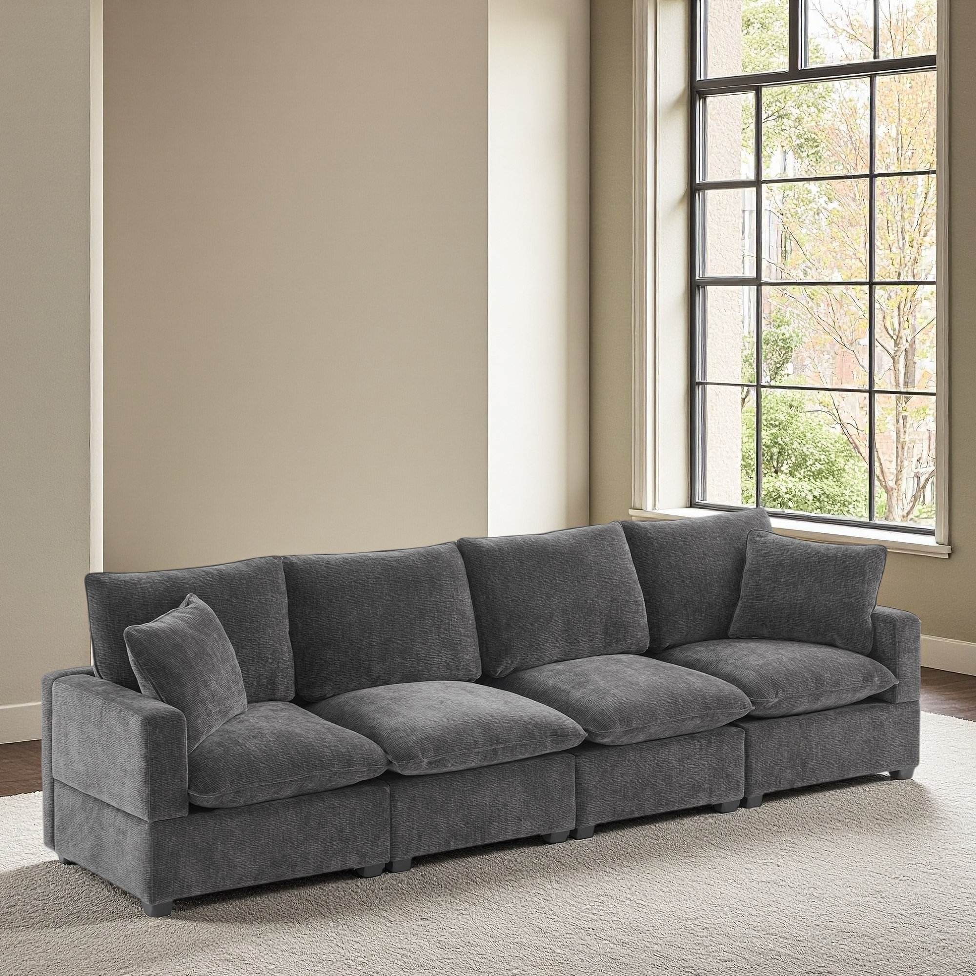Ivy Bronx 110*30" Modern Modular Sofa, 4 Seat Chenille Sectional Couch Set With 2 Pillows ...